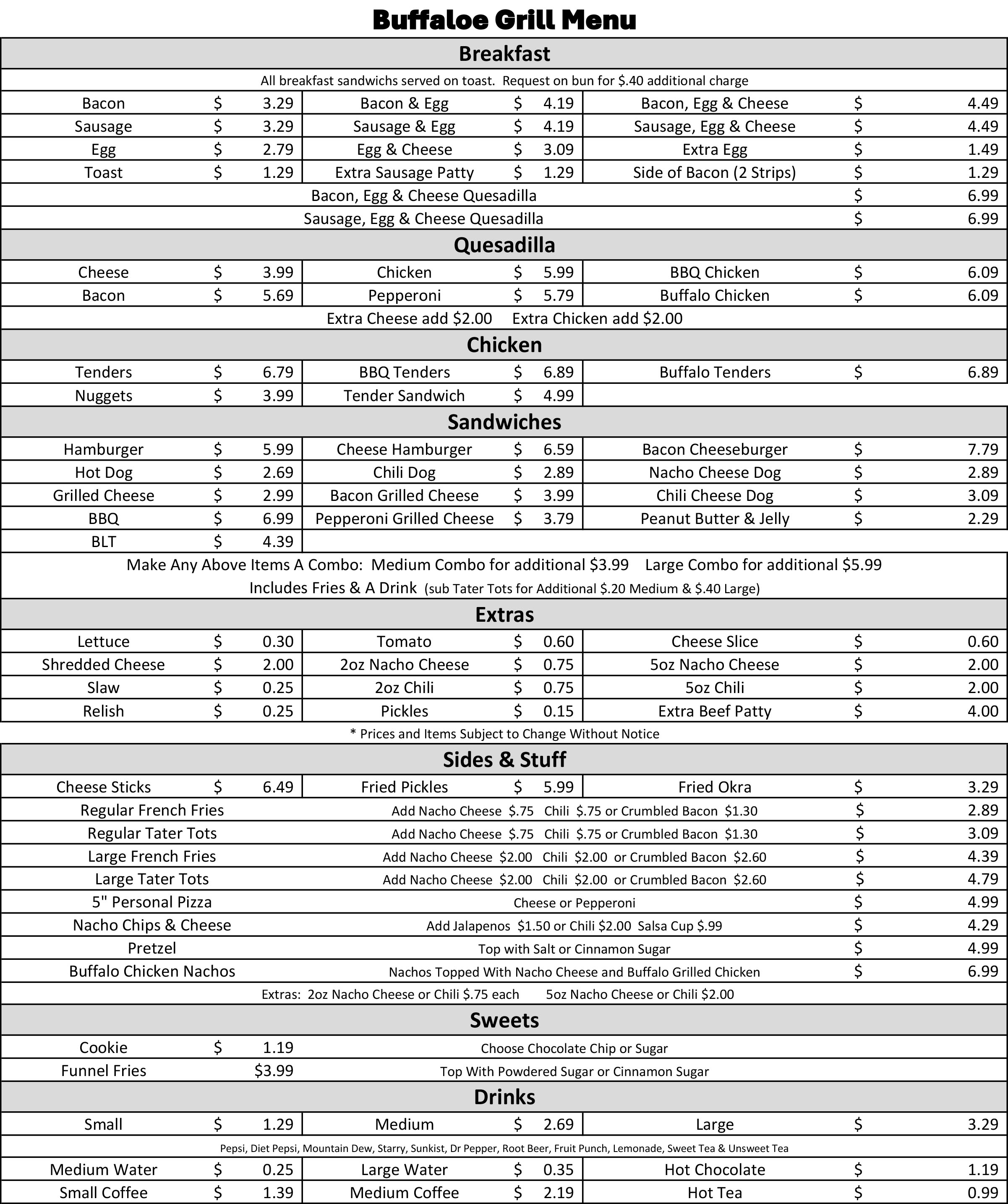 Buffaloe Lanes South > Hours & Pricing > Buffaloe Grill Menu